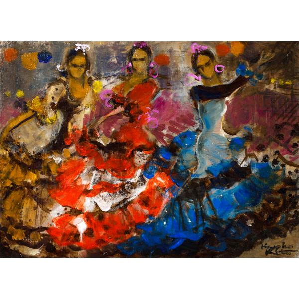 フラメンコに魅せられた画家が描く、躍動感にあふれた油彩画作品です。スペイン・アンダルシアの風土が育んだ音楽、ダンサーの刻むステップのリズムが画面から聞こえてきそうです。■【ご注意】実際の作品の色が、画面上の色と微妙に異なることがございます。...