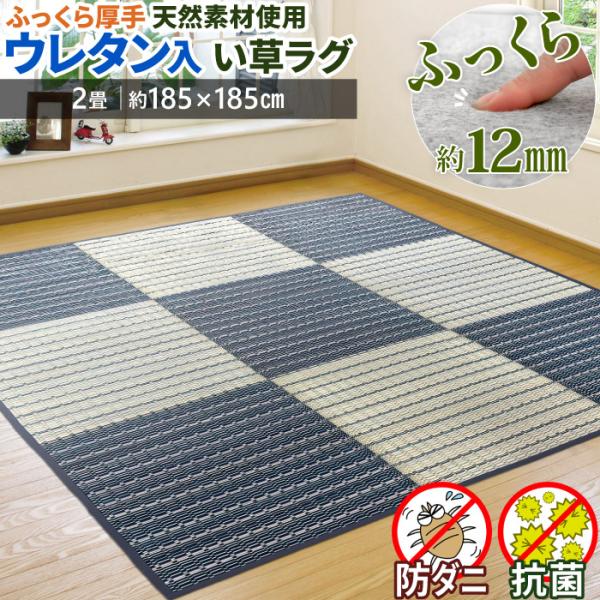 ★本州四国は送料無料★※1個口につき北海道・九州は送料500円,沖縄は送料2300円★「紋織」で織りあげた肌ざわりの良い藺草ラグ★中材に8mmウレタンを使用。肉厚約12mmのボリュームでふっくら★三つ折りができてコンパクト★床に優しい不織布...