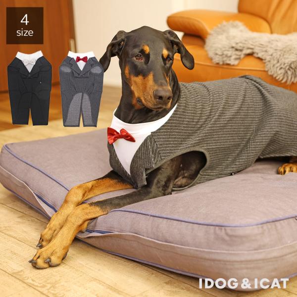 お呼ばれの時も1枚で様になるタキシード風の犬用タンクトップです。カラー：無地ブラック/ストライプチャコール素材：無地ブラック：本体：レーヨン65％、ナイロン30％、ポリウレタン5％/別布：ポリエステル86％、ポリウレタン14％ストライプチャ...