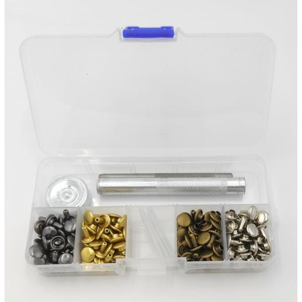 ハンドメイド用パーツです<br> セット内容：カシメ4色（各25セット）、打ち台、穴あけポンチ、打ち棒<br>