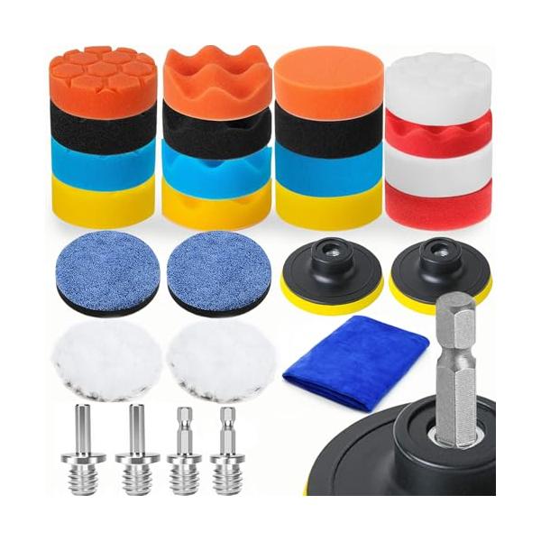 MaterialType:80mm 27点・パッケージ個数:24・梱包内容：16X80mmポリッシャー バフ 、2ｘマイクロファイバー仕上げパッド、マイクロファイバータオル＊1本、2Xウールバッファーパッド、2Xマイクロファイバーパッド、4...