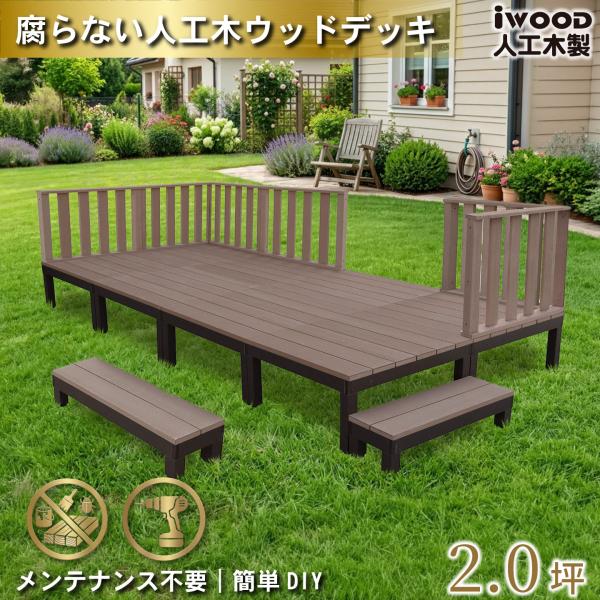 "※オリジナル人工木 iwood は、防腐も防虫も一切不要！10年経っても経年劣化によるパリパリ割れたり、表面がベタベタしたり、白く粉が浮き上がったりもありません！商品寸法(単位：約mm)：幅3600×奥行1800×高さ400~440/フェ...