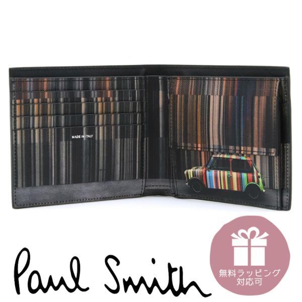 ポールスミス PaulSmith 二つ折り財布ポールスミスの人気の高いプリントシリーズのメンズ向け二つ折り財布です。落ち着きのあるシグネチャーストライプをバックにミニクーパーがデザインされたカッコいいお財布です。異なる色合いのシグネチャース...