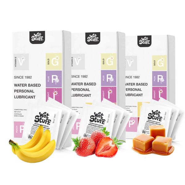 【シートマスク 2枚プレゼント〜先着5名様限定】フルーツ味潤滑 ゼリー 3種類の味のセット 、口にしても大丈夫 潤滑ローション、キャラメル＆ストロベリー潤滑剤＆バナナ潤滑ゼリー（18枚入り）【3箱セット】◎【舐められる潤滑ローション 】これ...