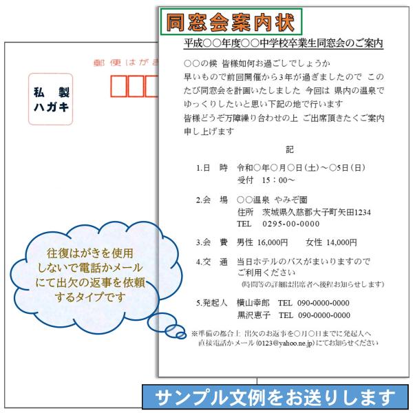 同窓会・クラス会・同期会・同好会の案内状郵便葉書(私製はがき利用)印刷を格安・送料無料にて承ります。往復はがきを使用せず、出欠の返事を電話かメールで確認するタイプです。返信はがきの郵便料金が節約できます。原稿作成の参考までに、文例のサンプル...