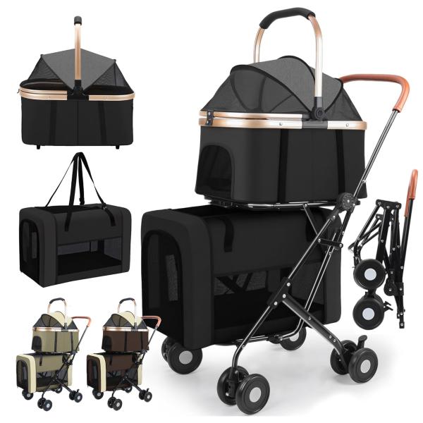 ?【360°回転前輪＆ブレーキ付き後輪】360°回転左右前輪は小回りがきくので、方向転換が簡単になります。 ドッグカートの後輪に連動式ブレーキが付いて、信号灯を待つ時や買い物時などちょっと止まる必要がある場合、足でブラックのブレーキを踏むだ...