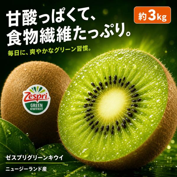 産地：ニュージーランド  商品名：ゼスプリグリーンキウイ  容量：約3kg鮮やかな緑色の果肉と、甘み・酸味の絶妙なバランスが魅力。すっきり爽やかな味わいと、キウイらしいみずみずしさを楽しめます。食物繊維を豊富に含み、朝食やデザート、スムージ...