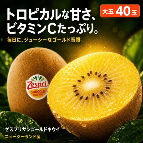 産地　ニュージーランド商品名　ゼスプリサンゴールドキウイ　大容量セット容量　　40玉今年初入荷のゴールドキウイです。トロピカルな甘さのサンゴールドキウイです。栄養もたっぷりはいっており、とくにビタミンＣはレモンの約３個分！！とても栄養たっぷ...