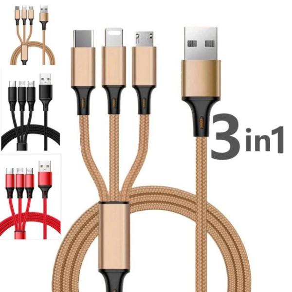 3in1 iPhone 充電 ケーブル 1m 充電ケーブル Type-C Micro USB タイプC マイクロUSB