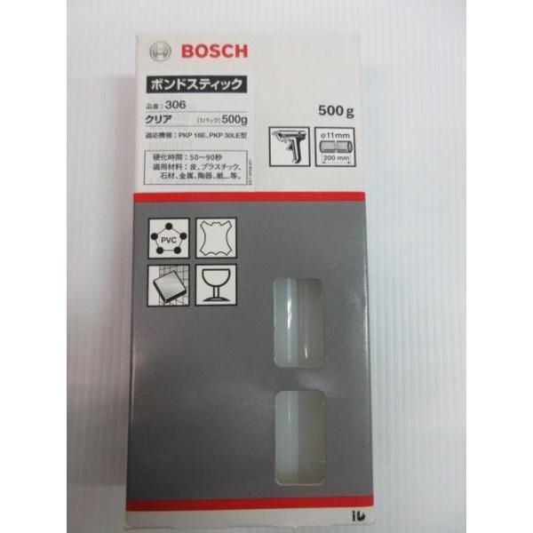 ボッシュ　ホットボンド用　ボンドスティック (クリア) 500G　品番：306 新品になります。●直径ｘ全長：11ｍｍΦｘ200ｍｍ●１パック：500ｇ●本数：約２４本 （500ｇ分入っておりますｇ計算により箱によって本数は異なります。）●...