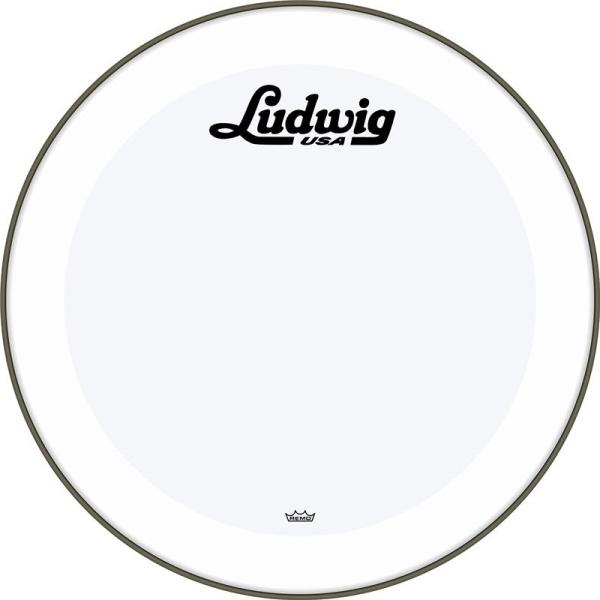 REMO社製 Ludwig ロゴ入りヘッド■パワーストローク３内側にリングミュートを内蔵した、特にバスドラムの用途に人気のあるヘッド。タイトでパワフルなサウンドが特徴。バスドラム用フロントヘッド / Ludwigスクリプトロゴ仕様サイズ：1...