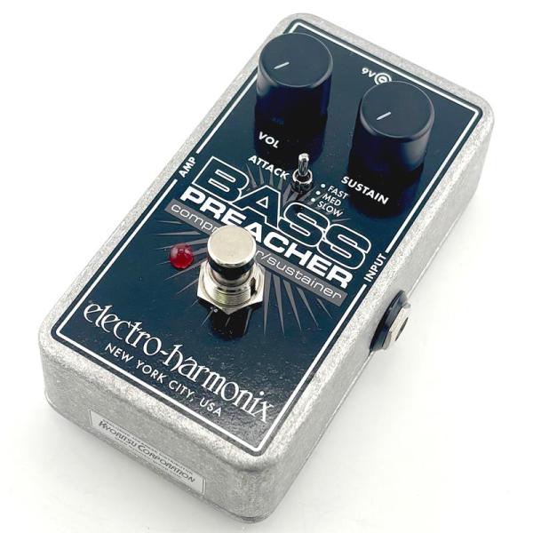 electro harmonix「BASS PREACHER」の中古品が入荷！インプットの感度のレンジは-10dBuから+2dBuで異なった出力レベルを持つパッシブベースとアクティブベースにも対応。ゲインリダクションは最大21dBでシグナル...