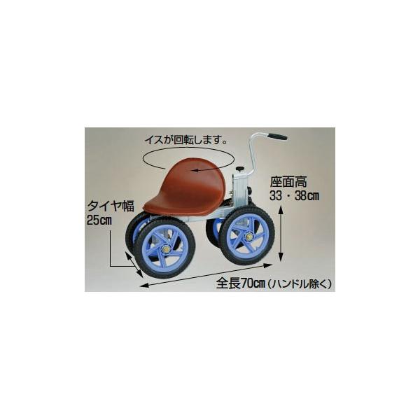 乗用作業車です。・タイヤが１２インチと大きく走行がスムーズのため、腰への負担が軽減されます。また八の字のタイヤ構造は安定性がバツグンです。・特殊な形状に仕上げたイスは、クッション性もよく長時間作業しても疲れません。またイスが回転するため、前...
