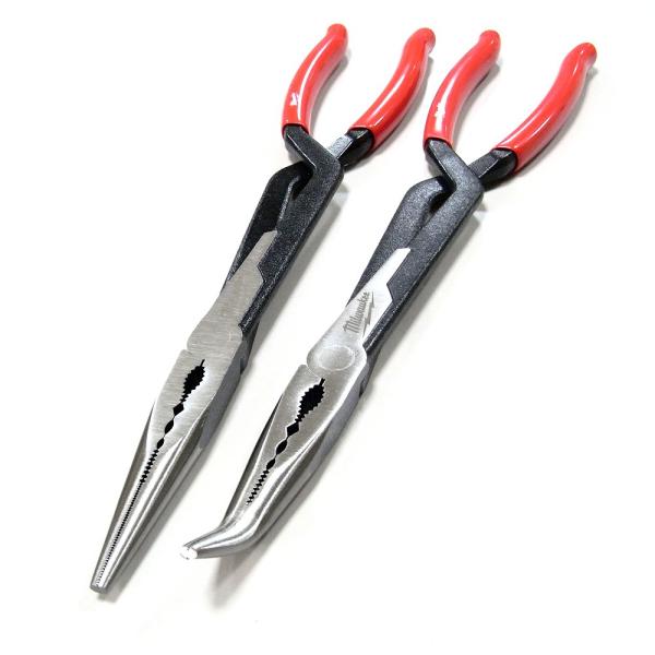 ミルウォーキーツールのロングリーチプライヤーセット。ストレートタイプと４５°ベントタイプの２本セットです。独特なディープリーチクロスハンドルは、一般的な類似品よりもスリムな形状を維持しながら広いジョー開口部を実現し、狭いスペースでもリーチで...