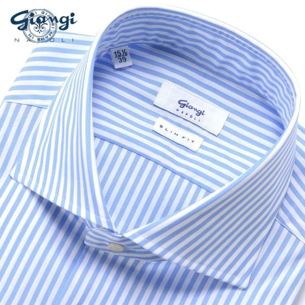 ジャンジ GIANGI ／ 25-26AW コットン100番手双糸ポプリンストライプホリゾンタルカラーシャツ「ROMA」（サックスブルー×ホワイト）【ラッピング対応】／ メンズ イタリア ドレスシャツ ビジネスシャツ ワイシャツ ストライプ...