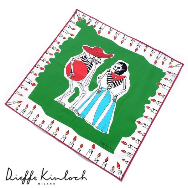 ディエッフェ キンロック Dieffe Kinloch ／ コットンポプリンプリントハンカチーフ「CUBA／SCHELETRI」（グリーン基調）【ネコポス対応 ／ 12点まで同梱可】【ラッピング対応】／ ハンカチ メンズ ギフト プレゼント...