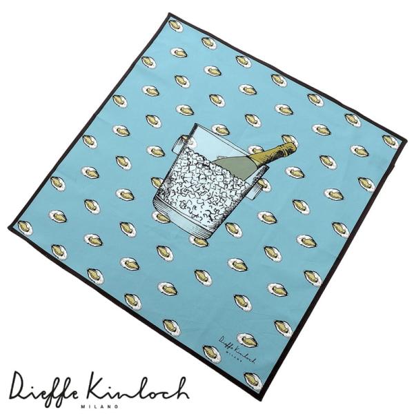 ディエッフェ キンロック Dieffe Kinloch ／ コットンポプリンプリントハンカチーフ「PARIS／OSTRICHE E CHAMPAGNE」（クラウドブルー基調）【ネコポス対応 ／ 12点まで同梱可】【ラッピング対応】／ ハンカ...