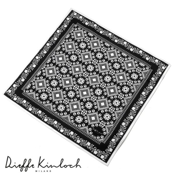 ディエッフェ キンロック Dieffe Kinloch ／ コットンポプリンプリントハンカチーフ「RUSSIA／RICAMI WHITE RUSSIA」（ブラック×ホワイト）【ネコポス対応 ／ 12点まで同梱可】【ラッピング対応】／ ハンカ...