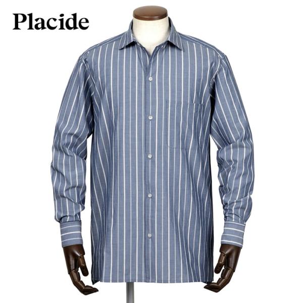 プラシーデ Placide ／ 【国内正規品】 ／ 当店別注コットンシャンブレーストライプワイドカラーシャツ「NEW STANDARD EX」（インディゴブルー×ホワイト）【ラッピング対応】／ オールシーズン メンズ フランス フレンチ 長...