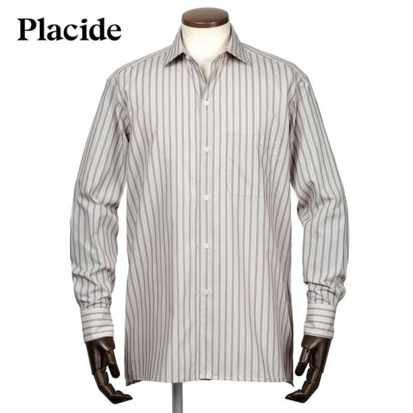 プラシーデ Placide ／ 【国内正規品】 ／ 当店別注コットンポプリンストライプワイドカラーシャツ「NEW STANDARD EX」（ライトグレー×グレイッシュブラウン×ホワイト【ラッピング対応】／ オールシーズン メンズ フランス ...