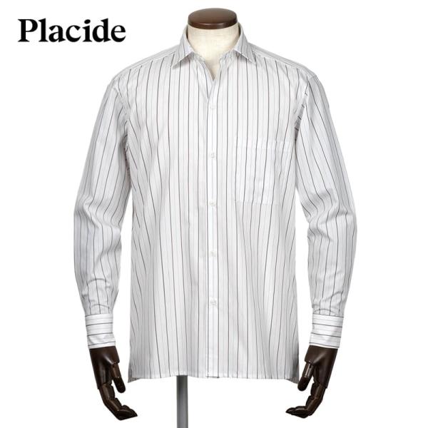 プラシーデ Placide ／ 【国内正規品】 ／ 当店別注コットンポプリンストライプワイドカラーシャツ「NEW STANDARD EX」（ホワイト×ブラウン）【ラッピング対応】／ オールシーズン メンズ フランス フレンチ 長袖シャツ ス...