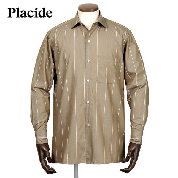 プラシーデ Placide ／ 【国内正規品】 ／ 当店別注コットンポプリンストライプワイドカラーシャツ「NEW STANDARD EX」（モカ×ホワイト）【ラッピング対応】／ オールシーズン メンズ フランス フレンチ 長袖シャツ ストラ...