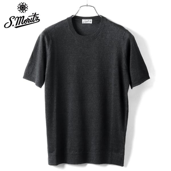 サンモリッツ S.Moritz ／ 25SS リネンコットン14ゲージ半袖クルーネックニット「GC1MC LC14R」（ブラック）【ラッピング対応】／ フィリッポデローレンティス 春夏 メンズ イタリア 半袖ニット リネンニット 麻ニット ...