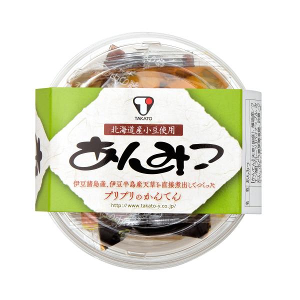 タカトーのあんみつは、国産天草100%使用の最高級あんみつ。天草を直接煮出してエキスを抽出する昔ながらの製法で寒天を製造しており、食物繊維を多く含んでいます。しっかりとした歯ごたえと海藻の風味が特徴です。餡子は北海道産小豆使用の小倉餡を、黒...