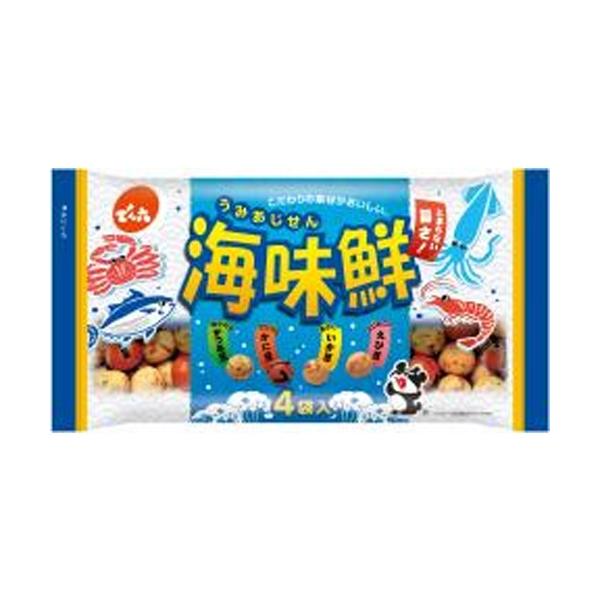 【発売日：2025年09月10日】こだわり素材のサクサク食感まめスナックかに豆、えび豆、いか豆、かつお豆と海の幸の素材で味付けした豆菓子スナックの4種類をミックスしました。4コパックの個包装。