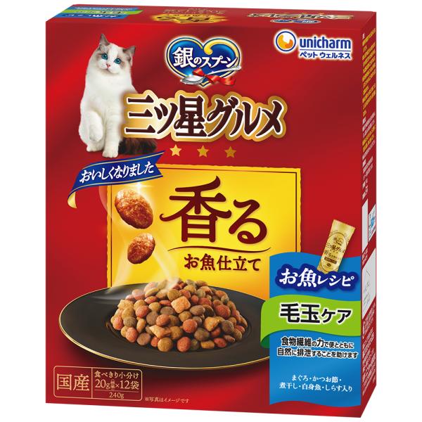 贅沢な素材のうまみたっぷりでおいしく仕上げた、愛猫の毛玉ケアに配慮した栄養バランスこの商品の特徴毛づくろい等で飲み込んでしまった毛の排泄を助けるために、食物繊維を増量（銀のスプーンプレミアム三ツ星グルメ全成長段階用比　約300％）抜群のおい...