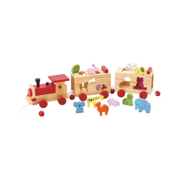 汽車遊び・動物遊び・パズル遊び。遊びが広がります。●内容／汽車×3両、どうぶつ×12●サイズ／W400×H210×D126mm●重量／1280g●材質／木(マツ、カイ)