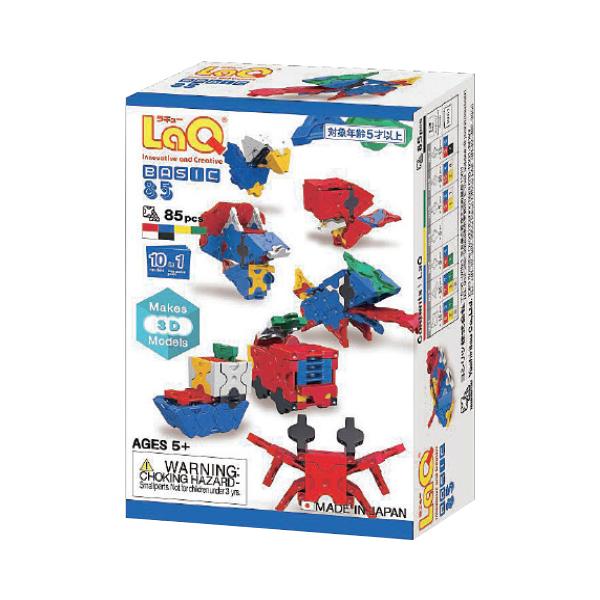 プレゼントにもぴったりのLaQ入門キット対象年齢：5歳〜●内容／LaQパーツ：85pcs、作り方シート●サイズ／パッケージ：W80×D40×H120mm●重量／67g●材質／ABS、POM※全てのモデルを同時に作ることはできません