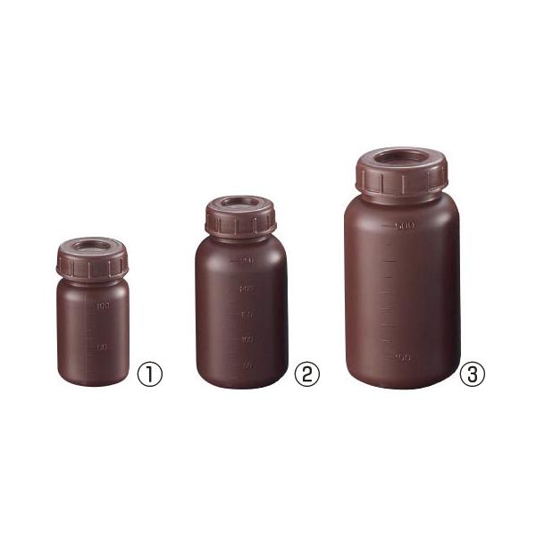 紫外線の透過しにくい褐色のポリ容器です。●サイズ／胴径×高さ：（1）51×93mm（2）63×122mm（3）78×151mm●目盛／（1）10ml（2）25ml（3）50ml●材質／ポリエチレン