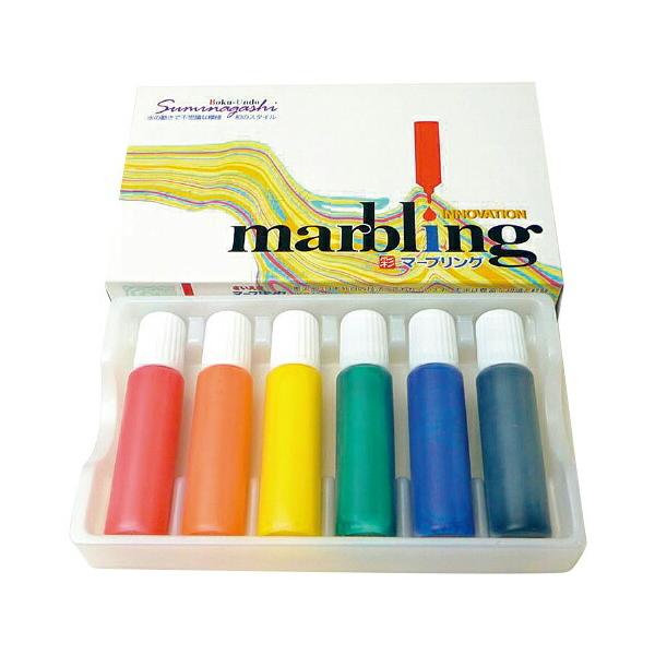 カラー墨流しと和紙染めが簡単にできる絵の具です。●メーカー名／墨運堂●内容量／12ml●内容／6色（赤・橙・黄・緑・青・黒）●説明書、フロート紙付