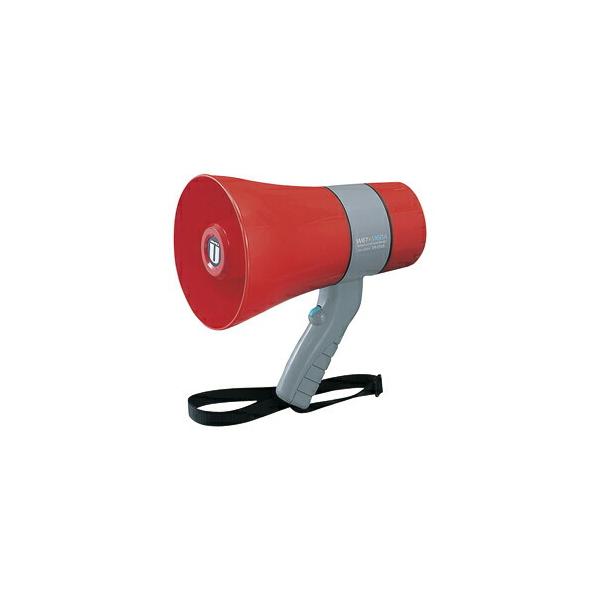 豪雨でも使えるコンパクトタイプ。●メーカー名／ユニペックス●サイズ／口径155×全長250mm●重量／約630g（乾電池除く）●電源／単3形乾電池6本（別売）●定格6W／最大10W●サイレン付