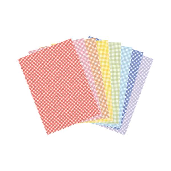 チェックの柄入り画用紙●内容／8色×2枚：あか、ピンク、オレンジ、きいろ、きみどり、みずいろ、あお、うすむらさき●サイズ／257×364mm●坪量／150.6g/?●紙厚／0.247mm●デザイン／チェック柄