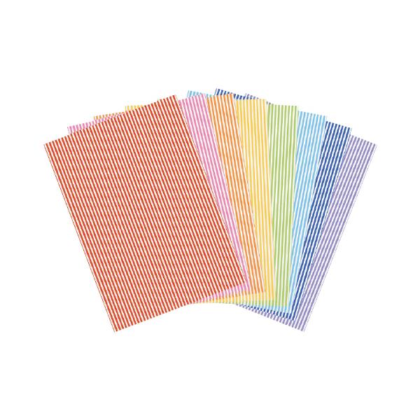 ストライプの柄入り画用紙●内容／8色×2枚：あか、ピンク、オレンジ、きいろ、きみどり、みずいろ、あお、うすむらさき●サイズ／257×364mm●坪量／150.6g/?●紙厚／0.247mm●デザイン／ストライプ柄