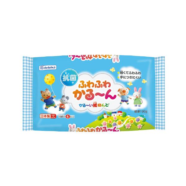 手につきにくく、ヒビ割れが少ないねんどです。ふわふわのかるーいかみねんど。●サイズ／145×90×20mm●重量／約100g●材質／微小中空球樹脂、パルプ繊維粉、合成粘結剤、保存剤、防カビ剤、水