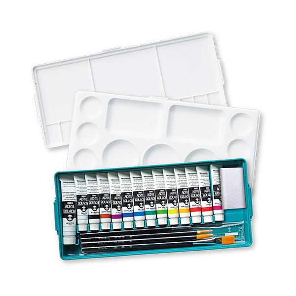 アクリルガッシュ、定規、ミゾ引き棒、筆3本がセットされた絵具セット<br><br>●サイズ／138×300×35mm<br>●色／ホワイト、ジェットブラック、パーマネントレッド、パーマネントスカーレット、...