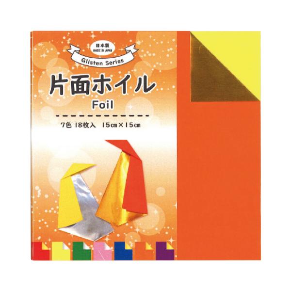 ●内容／7種18枚（赤/金、青/金、黄/銀、橙/金、緑/銀、紫/金、桃/銀）●サイズ／15cm角●坪量／92g/平方メートル●紙厚／約0.08mm