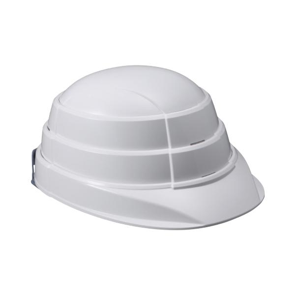 収縮式ヘルメット。折りたたむとA4サイズで薄さ45mmだから場所をとらずに収納できる。●適応頭囲／55〜64cm●サイズ／収納時：約281×210×45mm、組立時：約281×210×132mm●重量／375g●あごひも／有