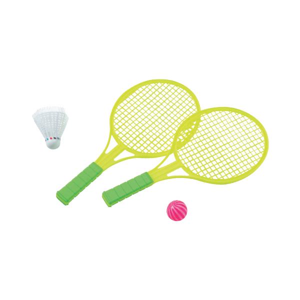 あつかいやすくてコンパクト！●内容／ラケット×2、シャトル、ボール●サイズ／ラケット：340×150×17mm、シャトル：φ60×52mm、ボール：φ35mm●材質／PP、PET