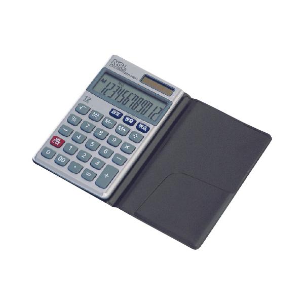 携帯に便利なケース付きメタルカバー電卓。●サイズ／奥行119×幅70×高さ9mm●重量／51g●電源／太陽電池+ボタン型電池(L1131またはLR1130)