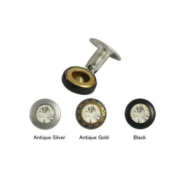 こちらは革やスェード、布製の服や鞄、靴、ブレスレット等に飾りとして使用します。サイズ：７.5mm、カラー：3色。diameter:7.5mm