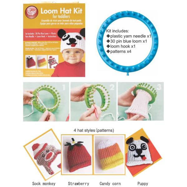 この編み機で幼児用の帽子が簡単に作れます。セット内容：    円形編み機 （1個）    フック（1本）    編針（１本）    取扱説明書（英語）1冊〜4種類の帽子の作り方〜 ●仕上がりサイズ：約16インチ 〜 17インチ（41〜43セ...