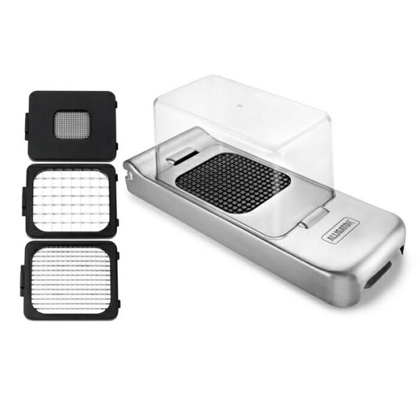 ステンレス素材で耐久性のある業務用野菜カッター（スウェーデン企画）パーツごとに分解して洗えるのでお手入れも容易3mm角・6mm角・12mm角 三種類のアジャスター付き 外寸：縦×横×高さmm：105×280×H110      　　材質：ス...