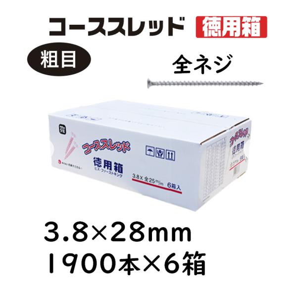 【用途】●建築の内外装工事にてコンパネ・木材等を木下地に取りつける際に使用【仕様】●全ねじ●サイズ：3.8×28mm●入数：1,900本×6箱
