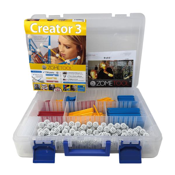 プラスチックの片付け箱に入ったゾムツール。キット1の3倍のパーツが入ったお買い得キット。ゾムツールはアメリカ生まれの構成遊び道具。2011年ノーベル化学賞を受賞したダニエル・シェヒトマン博士もその研究にゾムツールを使用していました。高精度で...