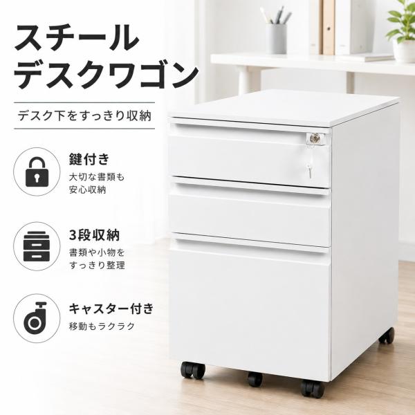 【完成品ですぐ使える】面倒な組み立て不要。届いたその日から使えるスチール製3段デスクワゴンです。【たっぷり3段収納】上段には便利なペントレー、下段には仕切り板を付属。A4ファイルや書類、文房具を整理して収納できます。【オールロック】1か所の...