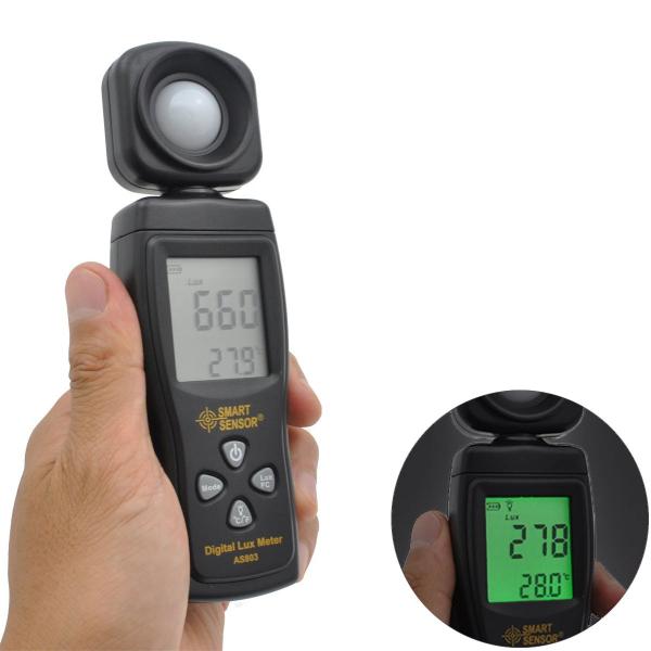 デジタル照度計（ルクスメータ）AS803は一体型センサー＆僅か16cmなので片手で計測できる簡単操作の照度測定器です。格安ながら1LUXから最大200,000LUXまでの照度計測が可能。さらに精度も±4％の高精度（10,000LUX未満）。...